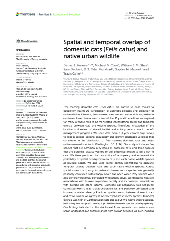 (PDF) Spatial and temporal overlap of domestic cats (Felis catus) and native urban wildlife