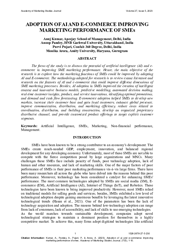 (PDF) ADOPTION OF AI AND E-COMMERCE IMPROVING MARKETING PERFORMANCE OF SMEs