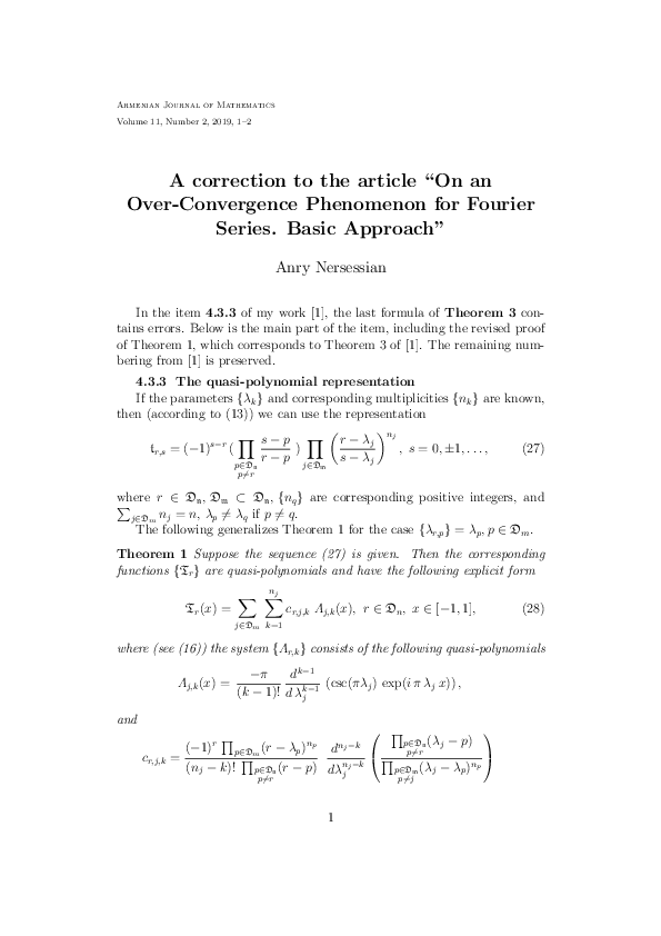 (PDF) A correction to the article "On an Over-Convergence Phenomenon for Fourier Series. Basic ...