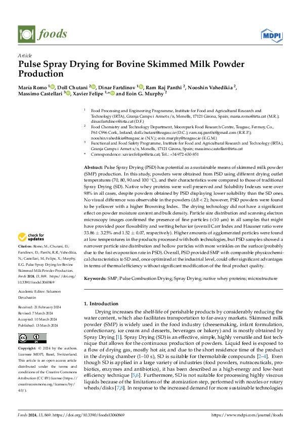 (PDF) Pulse Spray Drying for Bovine Skimmed Milk Powder Production
