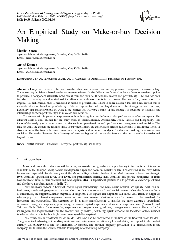 (PDF) An Empirical Study on Make-or-buy Decision Making