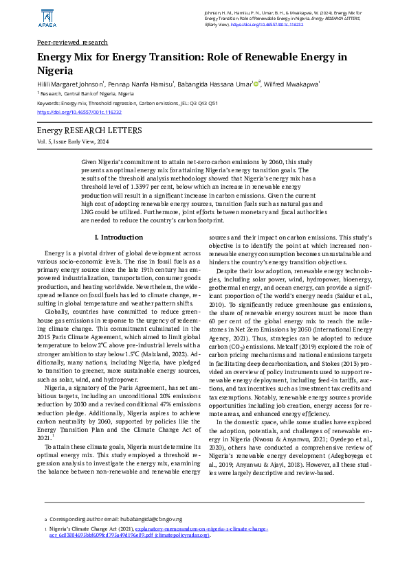 (PDF) Energy Mix for Energy Transition: Role of Renewable Energy in Nigeria