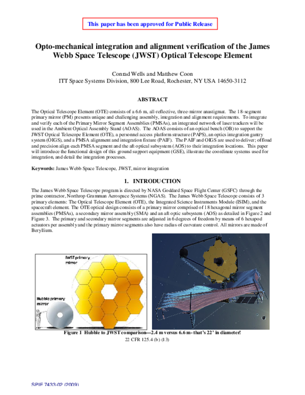 (PDF) Optomechanical integration and alignment verification of the James Webb Space Telescope ...