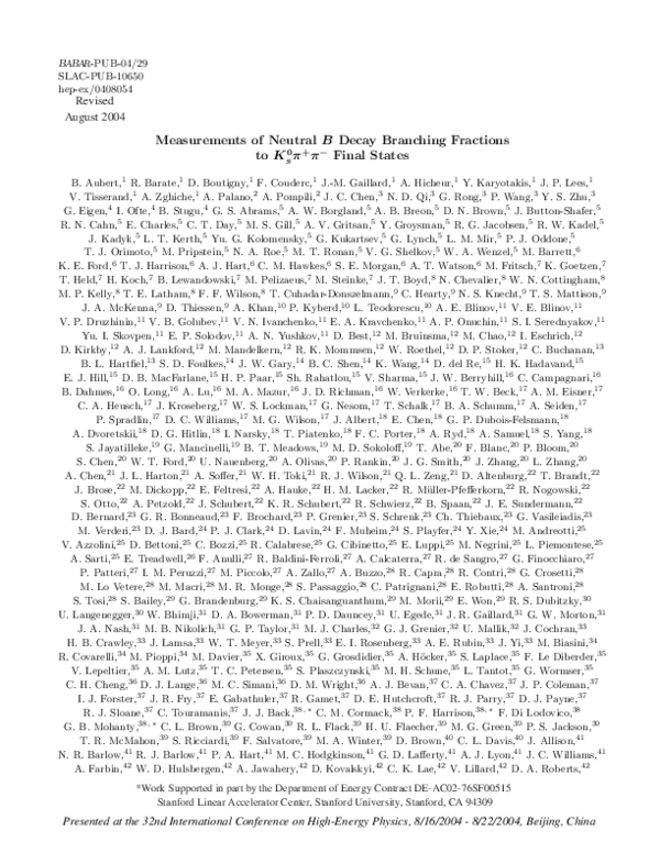 (PDF) Measurements of neutral B decay branching fractions to K-S(0)pi ...