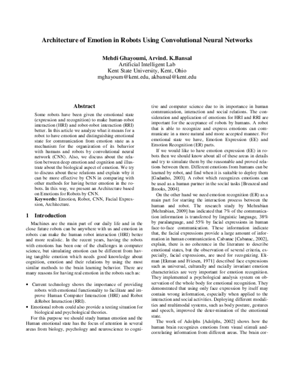 Pdf Architecture Of Emotion In Robots Using Convolutional Neural Networks