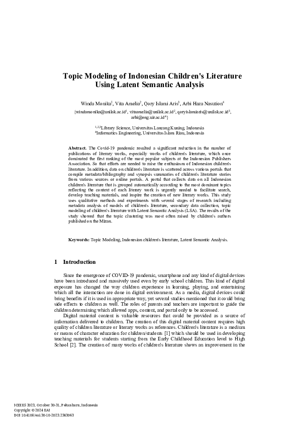 (PDF) Topic Modeling of Indonesian Children's Literature Using Latent ...