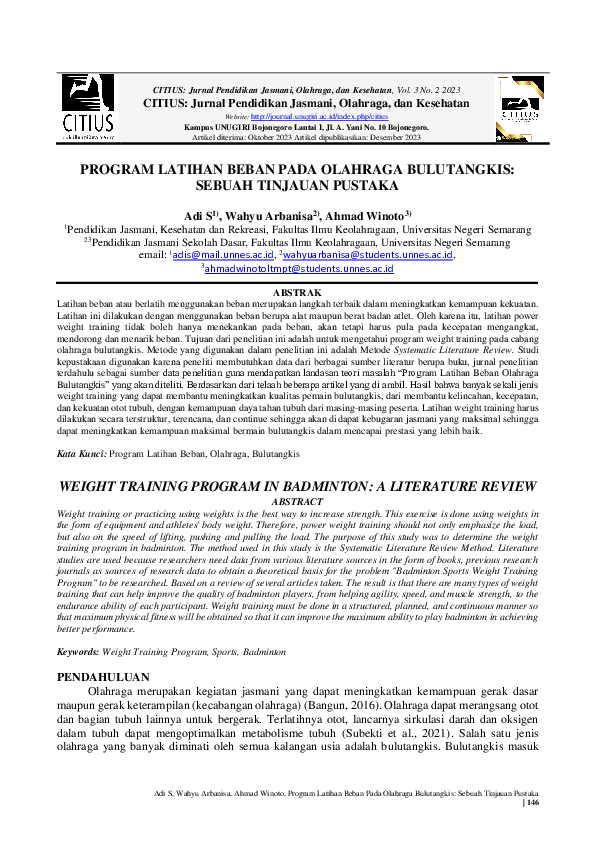 (PDF) Program Latihan Beban Pada Olahraga Bulutangkis: Sebuah Tinjauan Pustaka