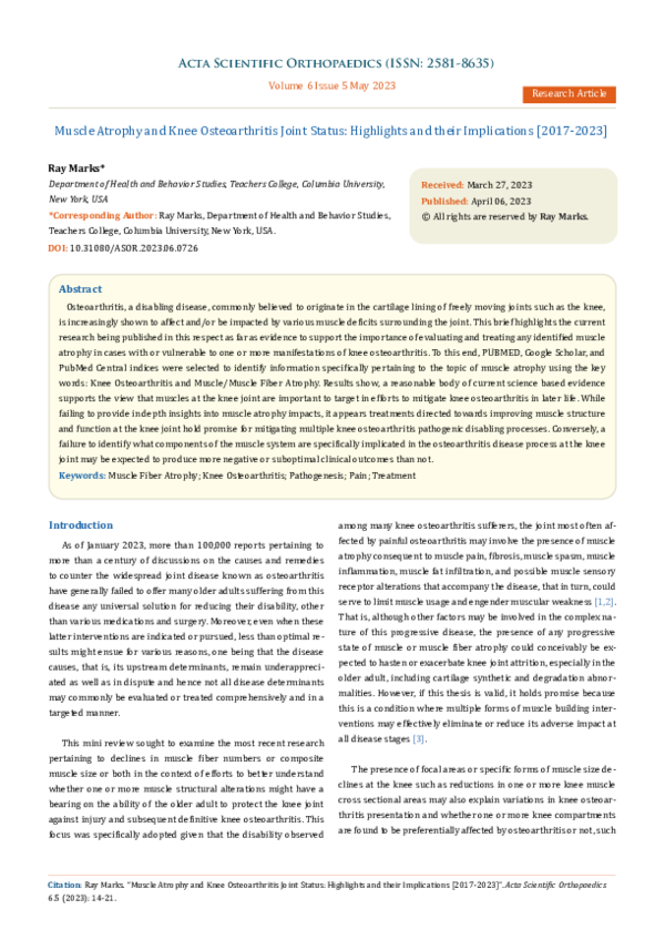 (PDF) Muscle Atrophy and Knee Osteoarthritis Joint Status: Highlights ...