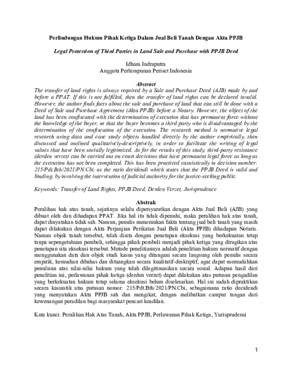 (PDF) Perlindungan Hukum Pihak Ketiga Dalam Jual Beli Tanah Dengan Akta PPJB