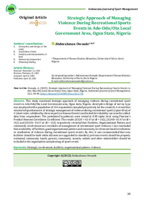 (PDF) Strategic Approach of Managing Violence During Recreational Sports Events in Ado-Odo/Ota ...