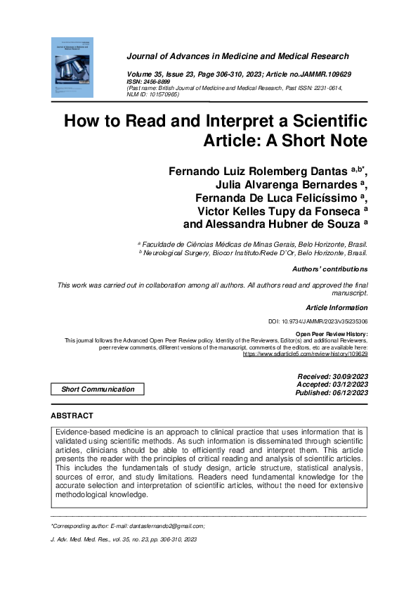 (PDF) How to Read and Interpret a Scientific Article: A Short Note