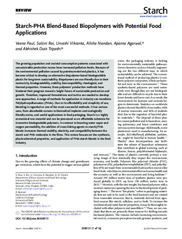 (PDF) Starch‐PHA Blend‐Based Biopolymers with Potential Food Applications