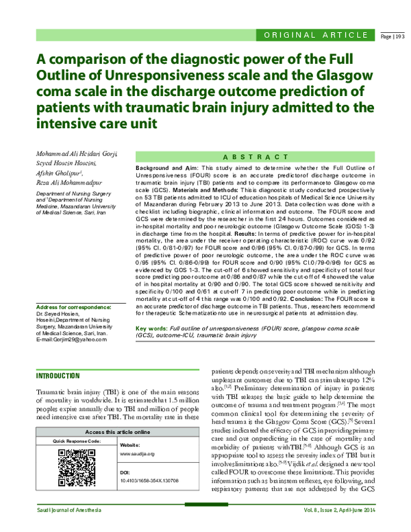 Pdf A Comparison Of The Diagnostic Power Of The Full Outline Of Unresponsiveness Scale And The