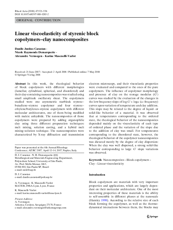 (PDF) Linear viscoelasticity of styrenic block copolymers–clay ...