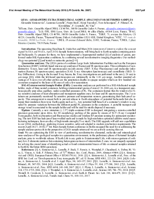(PDF) QESA: Quarantine Extraterrestrial Sample Analysis Methodology