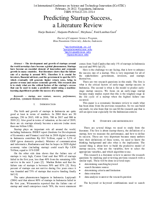 (PDF) Predicting Startup Success, a Literature Review