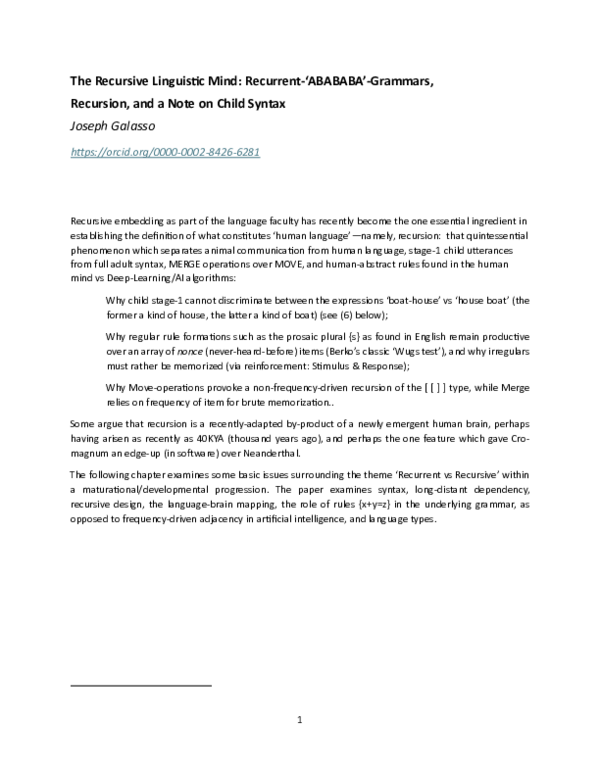 Pdf The Recursive Linguistic Mind Recurrent Abababa Grammars Recursion And A Note On