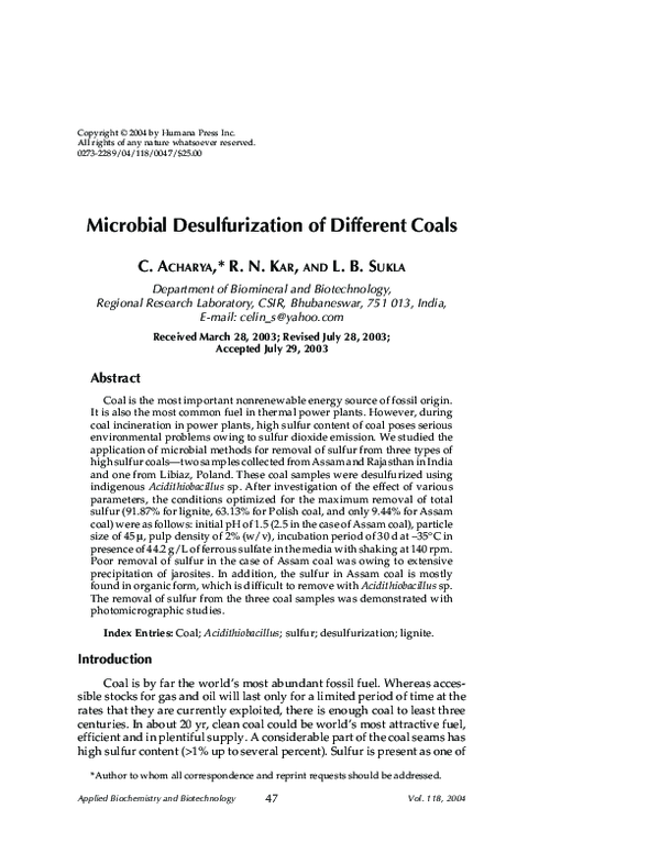 (PDF) Microbial Desulfurization of Different Coals | Prof. Lala Behari ...