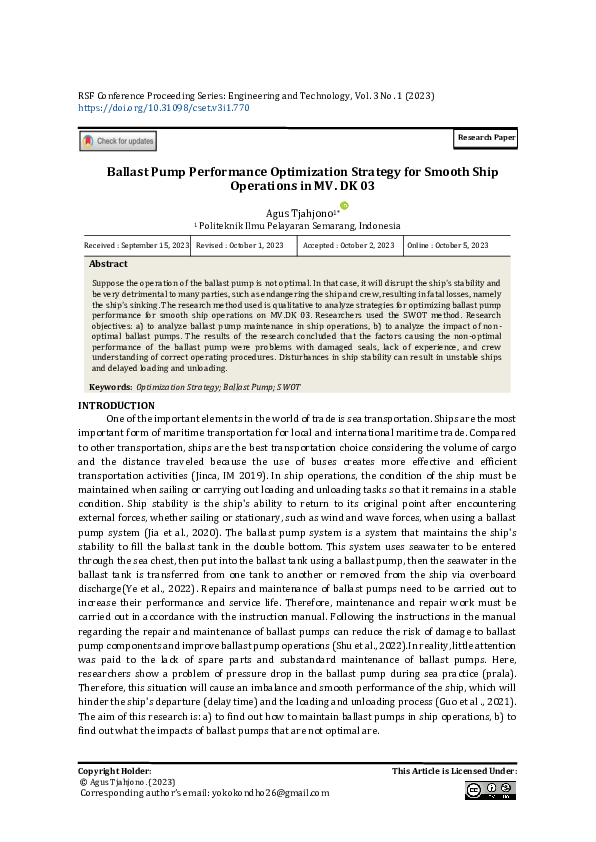 (PDF) Ballast Pump Performance Optimization Strategy for Smooth Ship Operations in MV. DK 03