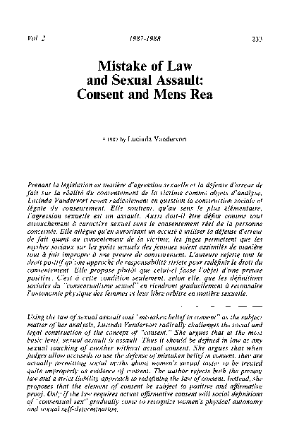 (PDF) Mistake of Law and Sexual Assault: Consent and Mens Rea