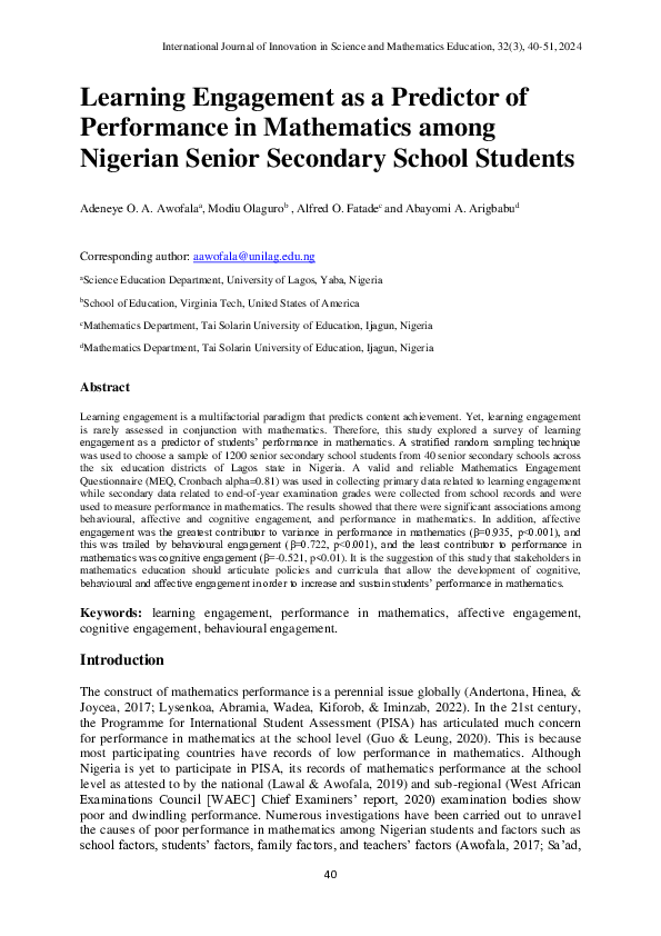(PDF) Learning engagement as a predictor of performance in mathematics among Nigerian senior ...