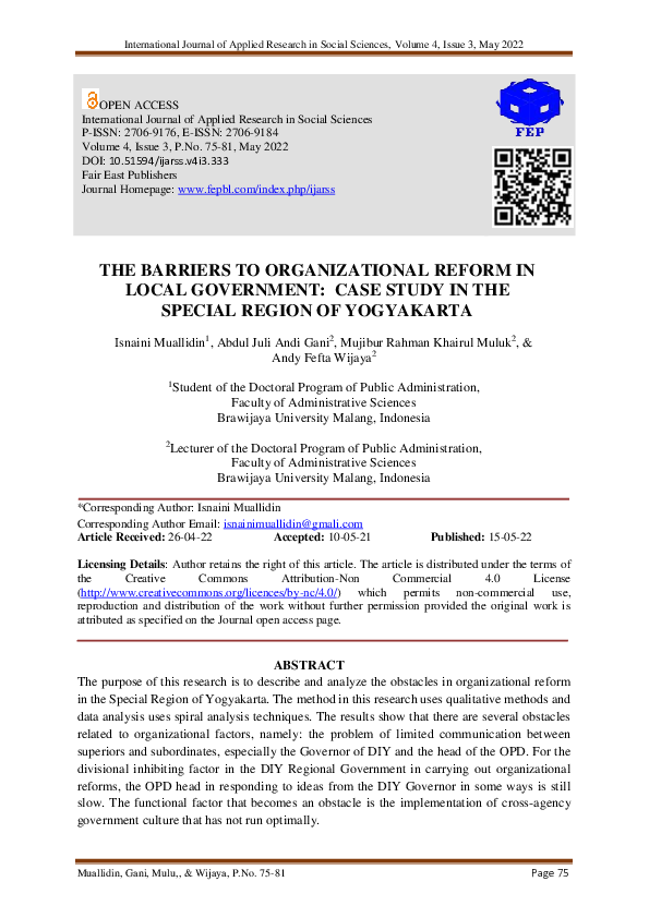(PDF) The Barriers to Organizational Reform in Local Government: Case ...