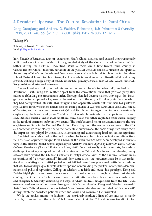 (PDF) Review of A Decade of Upheaval: The Cultural Revolution in Rural ...