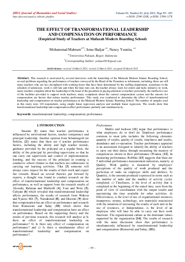 (PDF) THE EFFECT OF TRANSFORMATIONAL LEADERSHIP AND COMPENSATION ON PERFORMANCE (Empirical Study ...