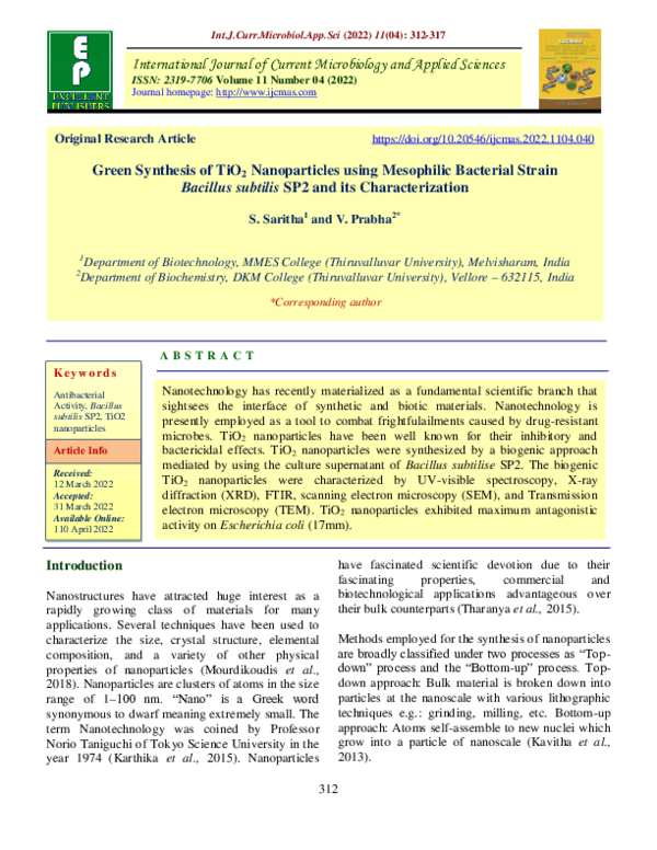 (PDF) Green Synthesis of TiO2 Nanoparticles using Mesophilic Bacterial Strain Bacillus subtilis ...