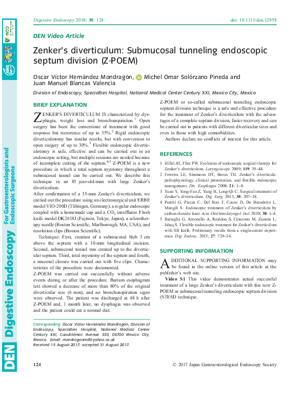 (PDF) Zenker's diverticulum: Submucosal tunneling endoscopic septum ...