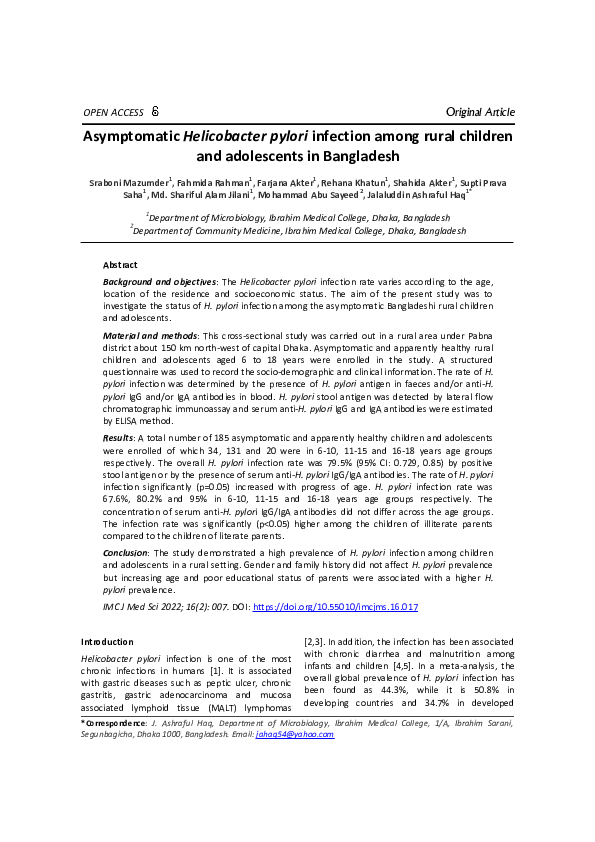 (PDF) Asymptomatic Helicobacter pylori infection among rural children and adolescents in Bangladesh