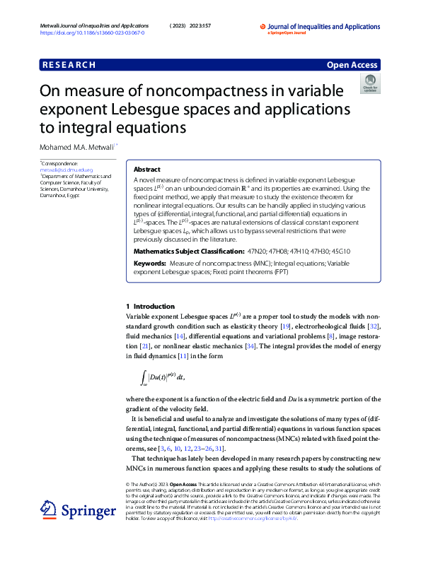 Pdf On Measure Of Noncompactness In Variable Exponent Lebesgue Spaces And Applications To 3619