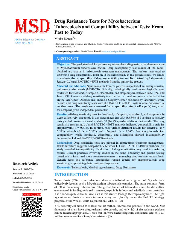 (PDF) Drug Resistance Tests for Mycobacterium Tuberculosis and ...