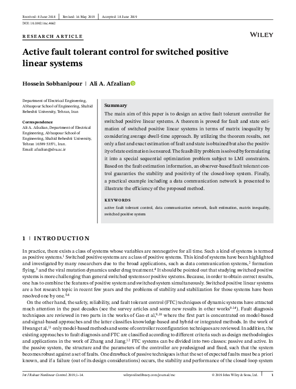 (PDF) Active fault tolerant control for switched positive linear systems