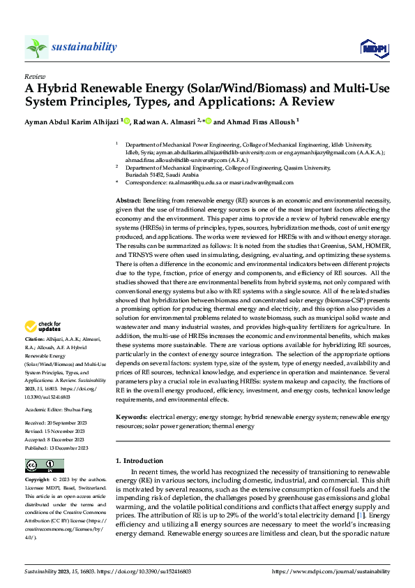 (PDF) A Hybrid Renewable Energy (Solar/Wind/Biomass) and Multi-Use ...