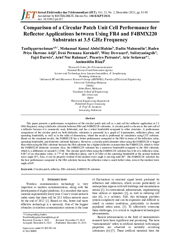 (PDF) Comparison of a Circular Patch Unit Cell Performance for ...