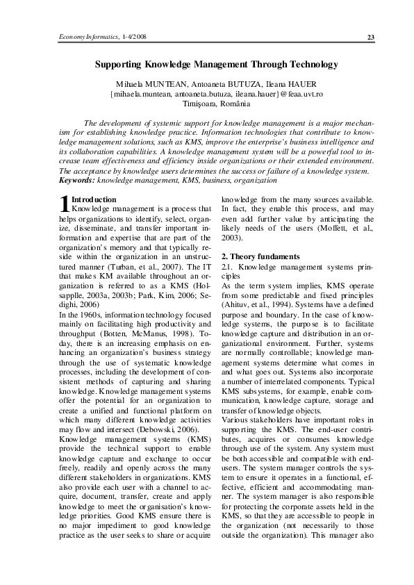 (PDF) Supporting Knowledge Management Through Technology