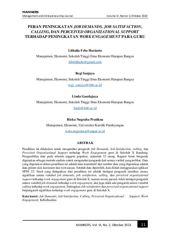 (PDF) Peran Peningkatan Job Demands, Job Satisfaction, Calling, Dan Perceived Organizational ...