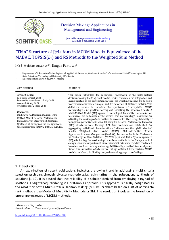 (PDF) Thin" Structure of Relations in MCDM Models. Equivalence of the ...