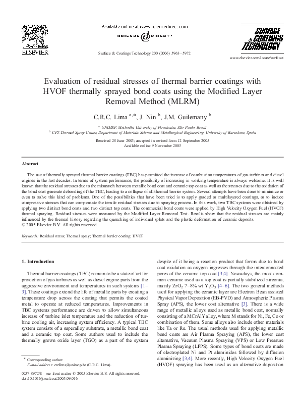 (PDF) Evaluation of residual stresses of thermal barrier coatings with HVOF thermally sprayed ...