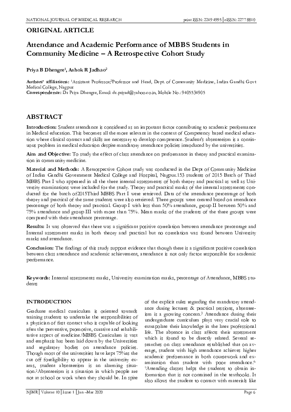Pdf Attendance And Academic Performance Of Mbbs Students In Community