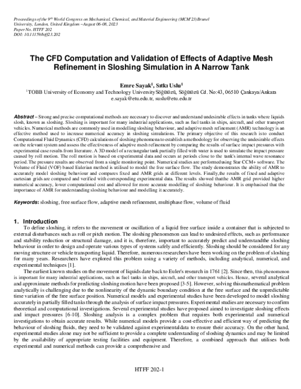 Pdf The Cfd Computation And Validation Of Effects Of Adaptive Mesh Refinement In Sloshing