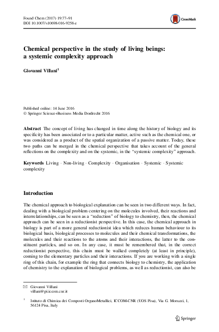 (PDF) Chemical perspective in the study of living beings: a systemic ...