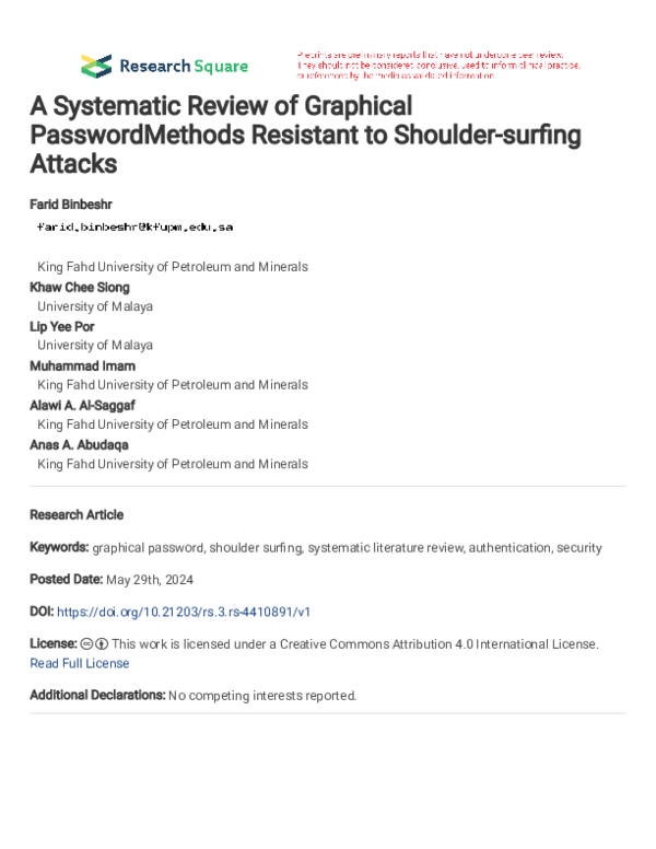 (PDF) A Systematic Review of Graphical PasswordMethods Resistant to ...