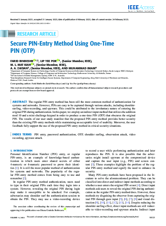 (PDF) Secure PIN-Entry Method Using One-Time PIN (OTP)