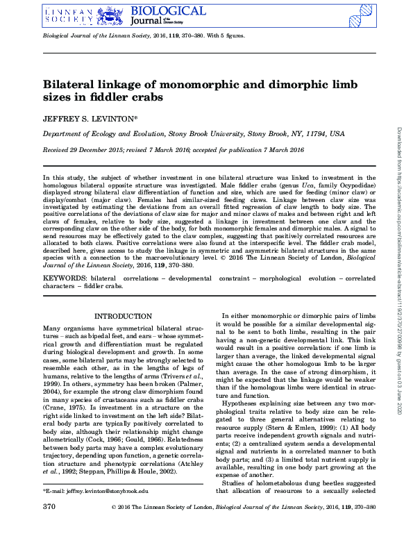 (PDF) Bilateral linkage of monomorphic and dimorphic limb sizes in ...