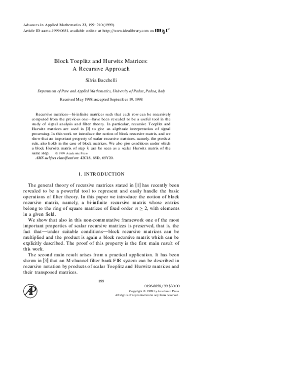 (PDF) Block Toeplitz and Hurwitz Matrices: A Recursive Approach