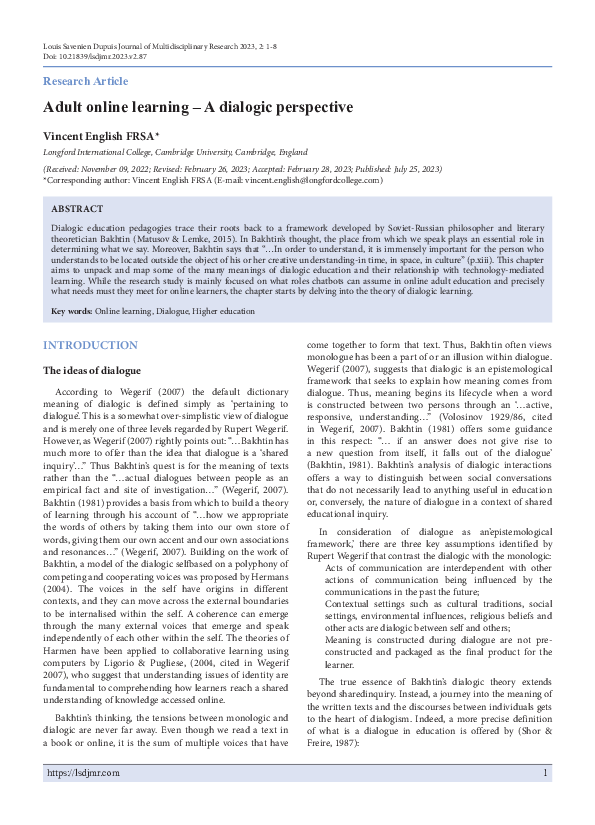 (PDF) Adult online learning – A dialogic perspective