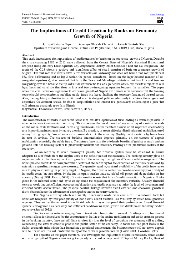 (PDF) The Implications of Credit Creation by Banks on Economic Growth ...