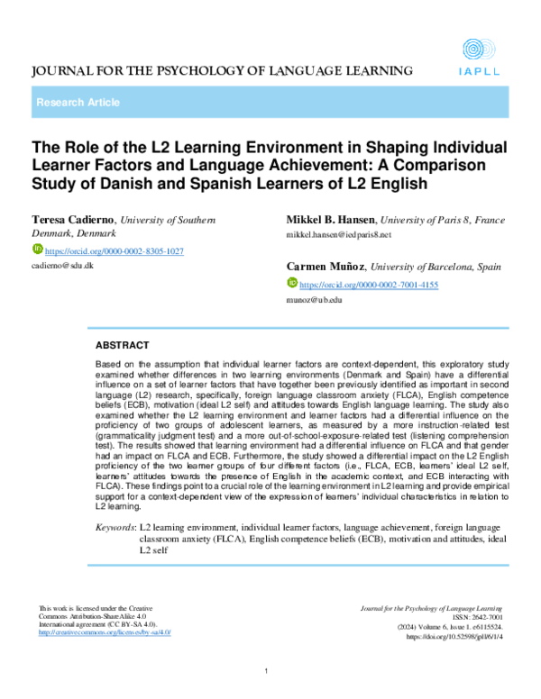 (PDF) The Role of the L2 Learning Environment in Shaping Individual ...